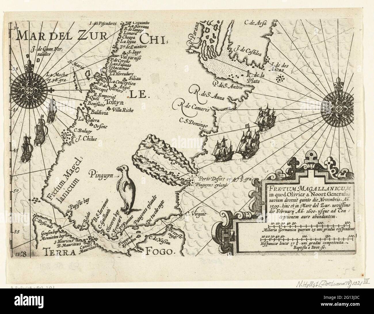 Map of the southern point of South America with the street Magellaan ...