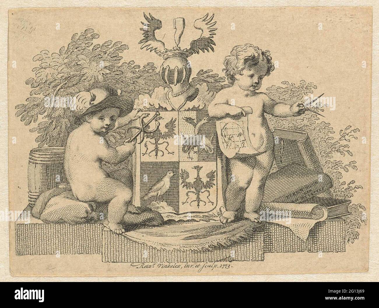 Two putti, with passer and aesco monkey, at the Schoemaker family crest ...