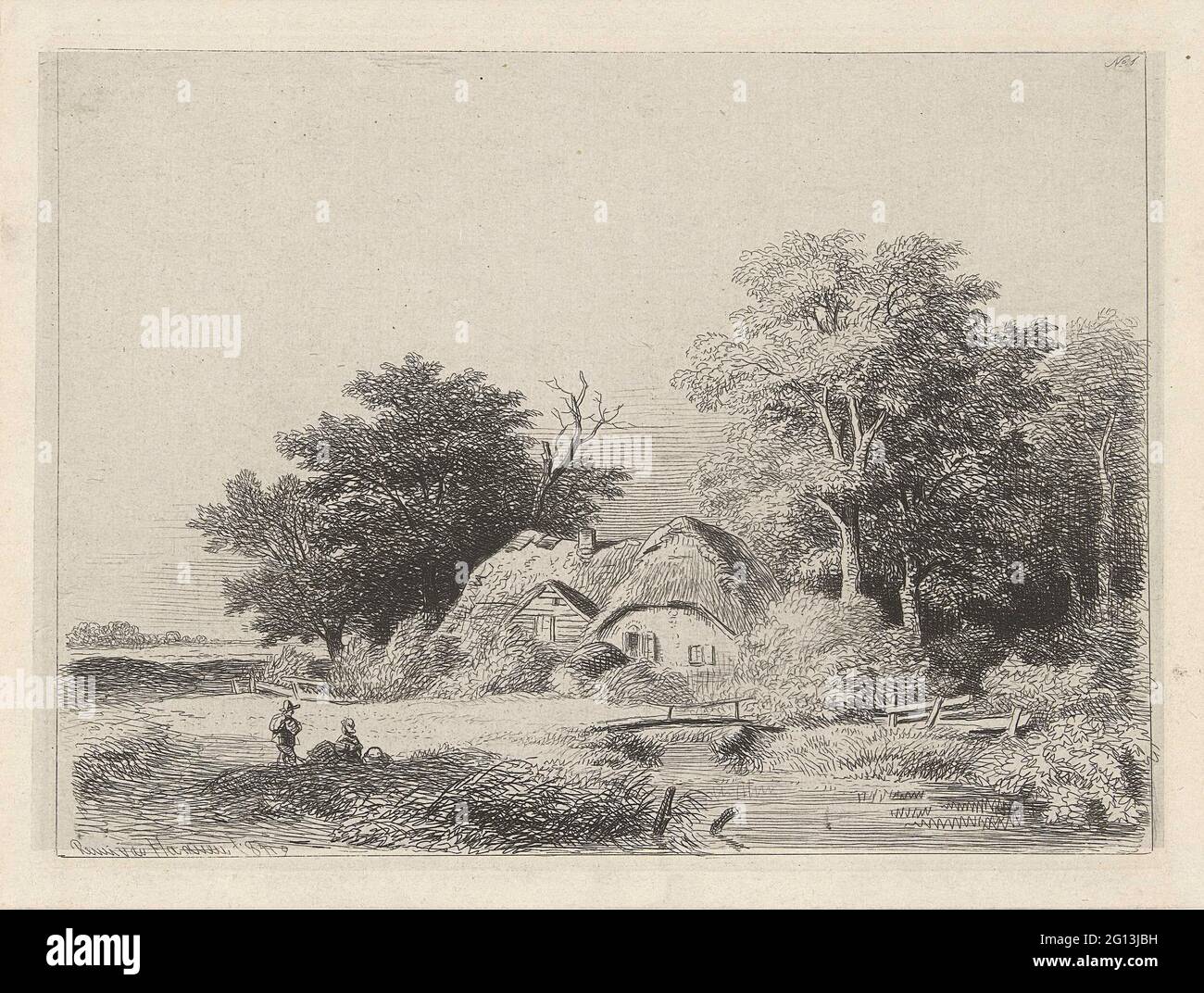 Farm at a bridge. Landscape with a farm at a bridge and two figures ...