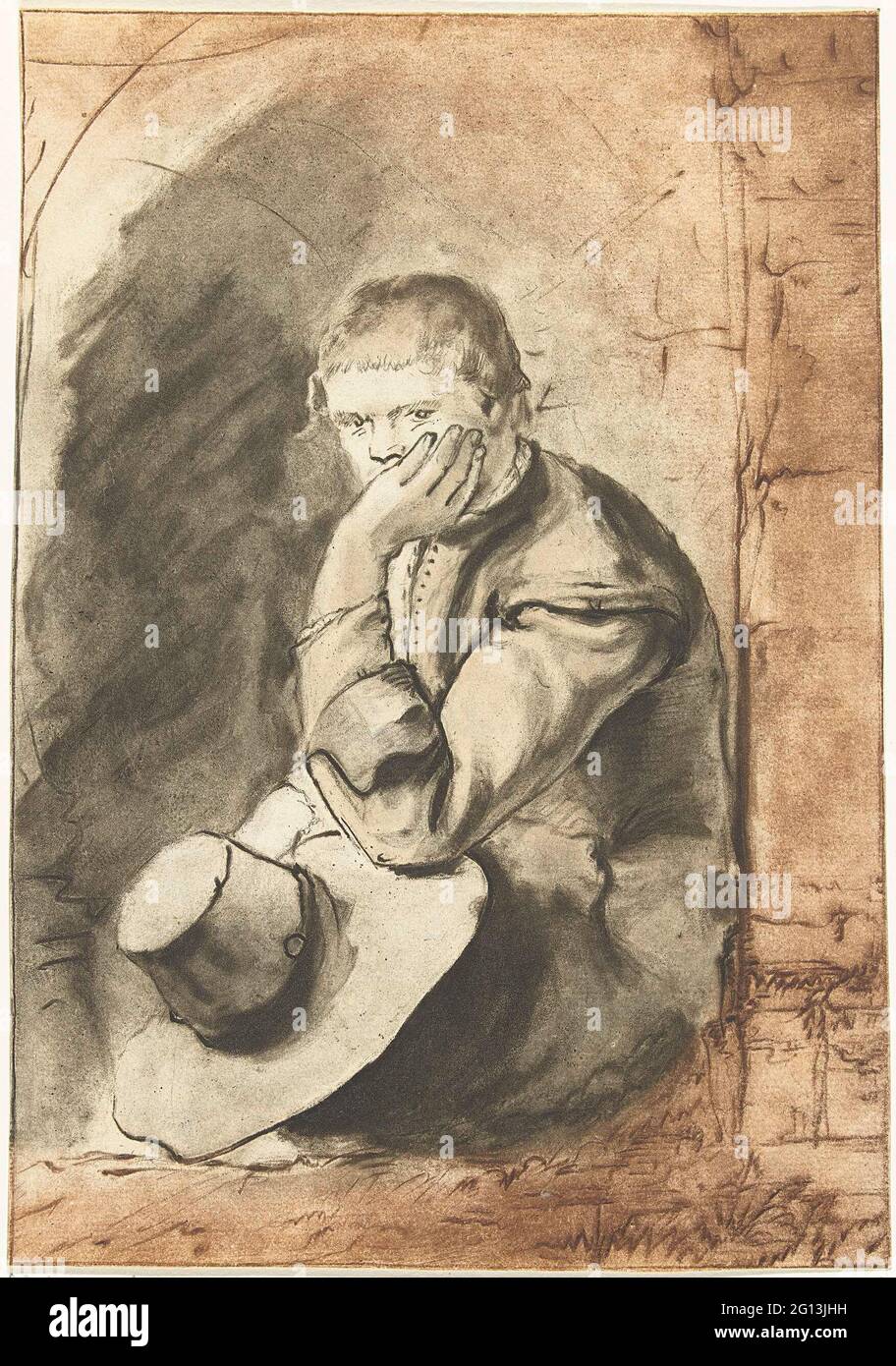 Sitting man. A man is in a niche. He supports his head with his one hand. He holds his hat in ...