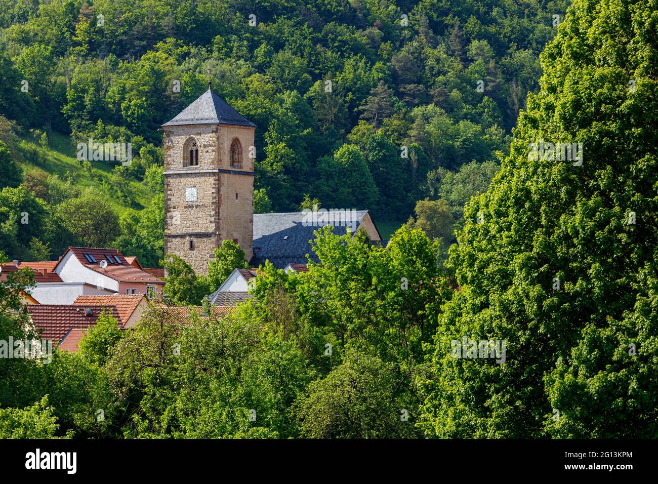 The tower of the medieval church of Creuzburg in Thuringia Stock Photo ...