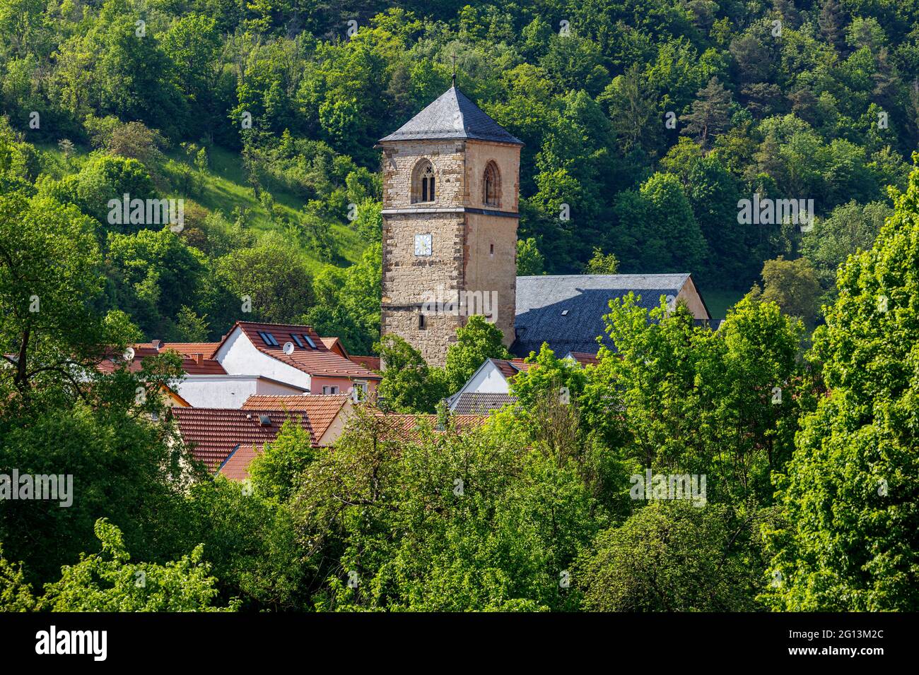 The tower of the medieval church of Creuzburg in Thuringia Stock Photo ...