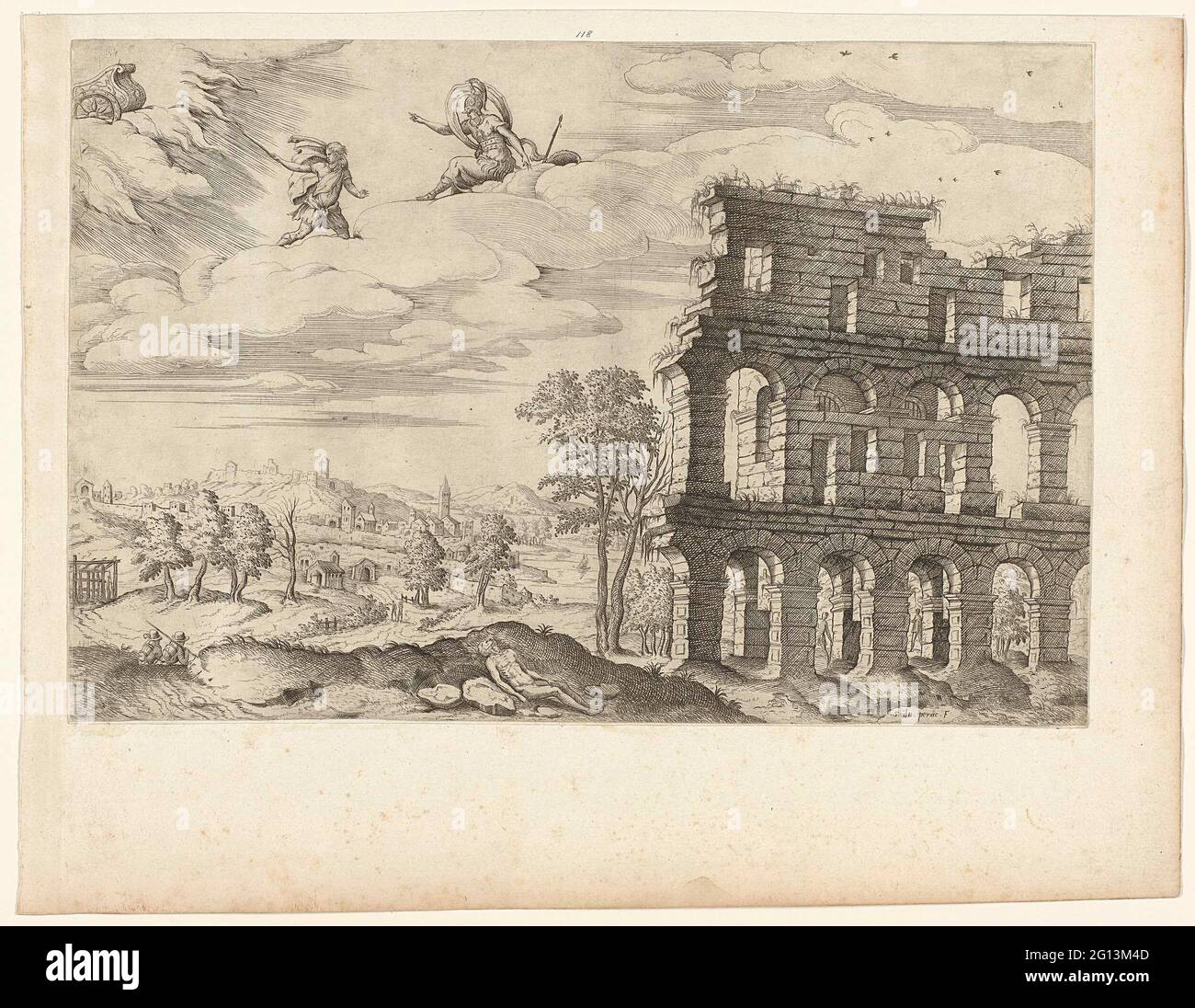 Prometheus steals the fire. On the clouds above a landscape with ruin ...
