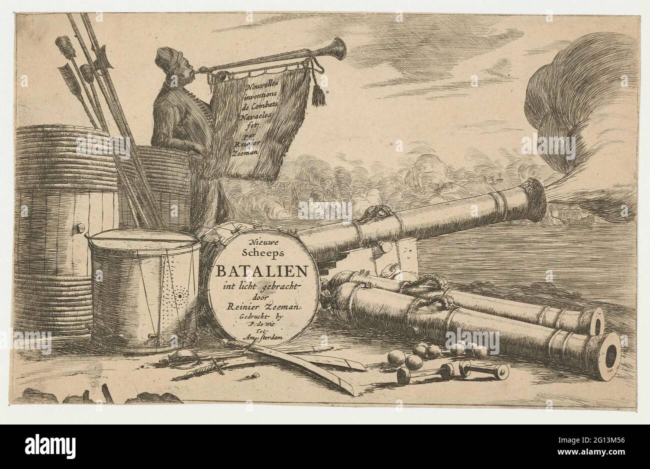 Title page with the equipment of a warship and a trumpet player ...