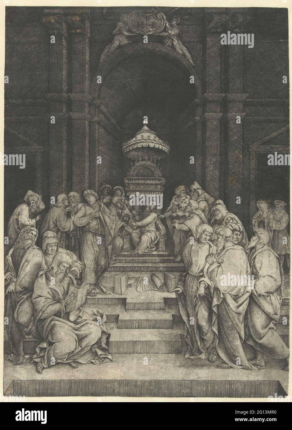 Christ between scribes in temple. Christ in temple sitting on throne ...