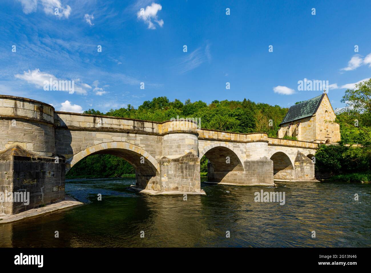 The historic bridge over the Werra River at Creuzburg in the Werra ...