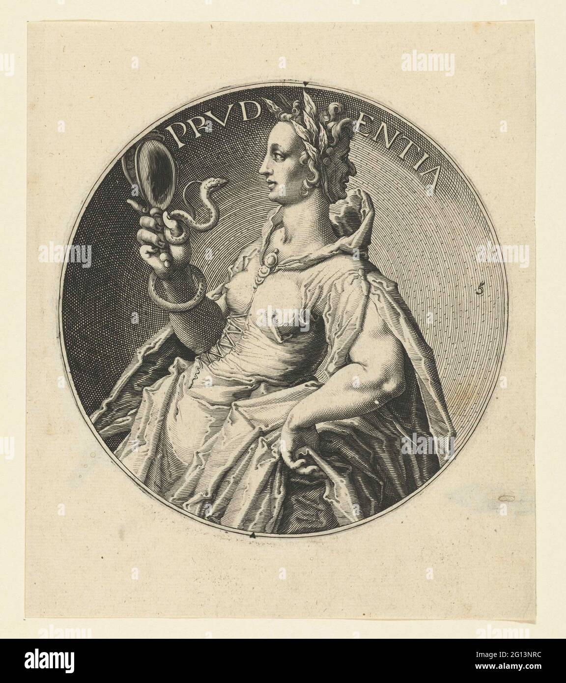 Caution; Prudentia; The virtues. Caution, in the form of a woman with a ...
