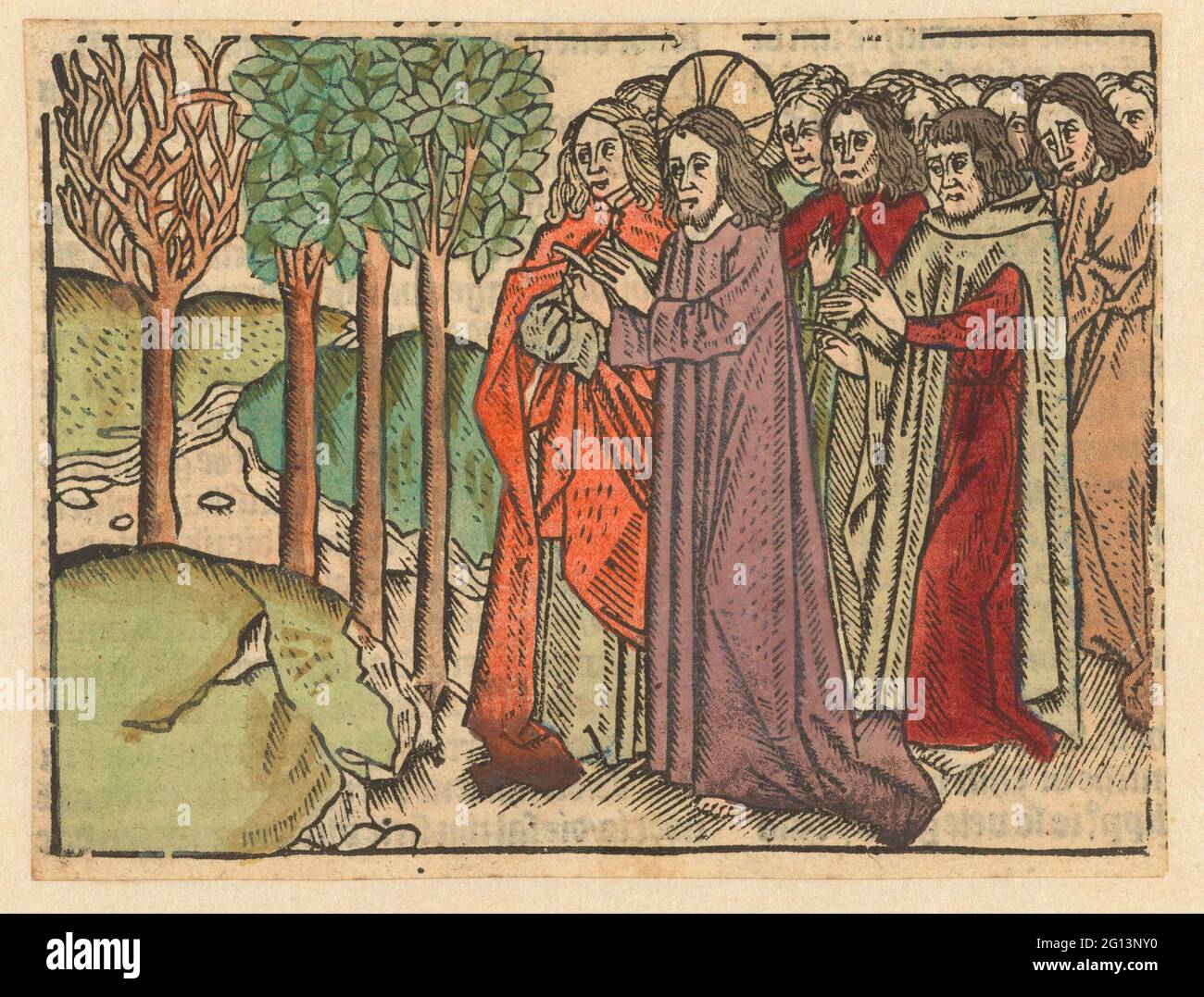 Christ curses the fig tree. Christ with disciples. Three trees with ...
