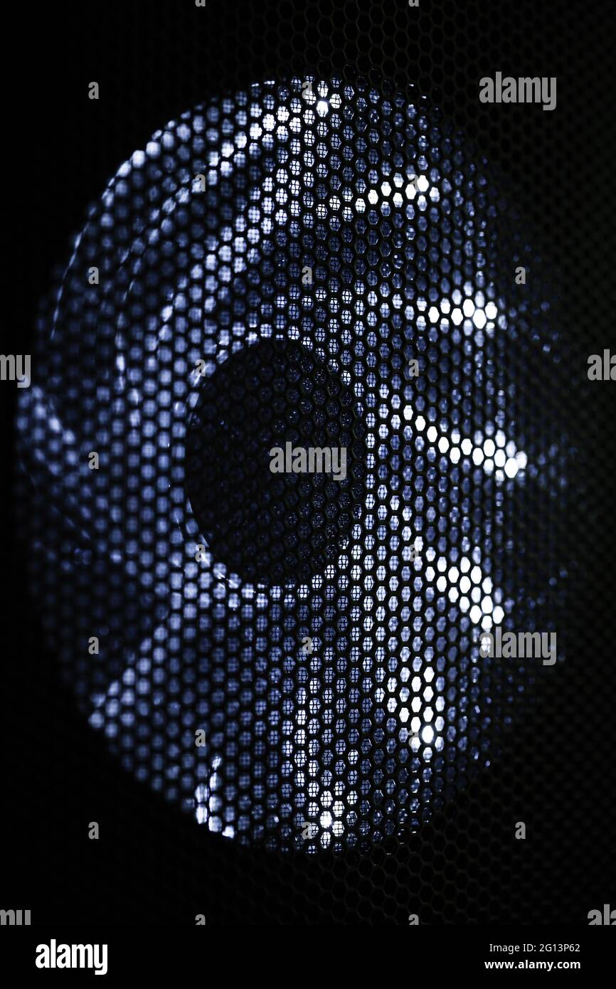 Illuminated PC cooler fan in black desktop case, front view Stock Photo ...