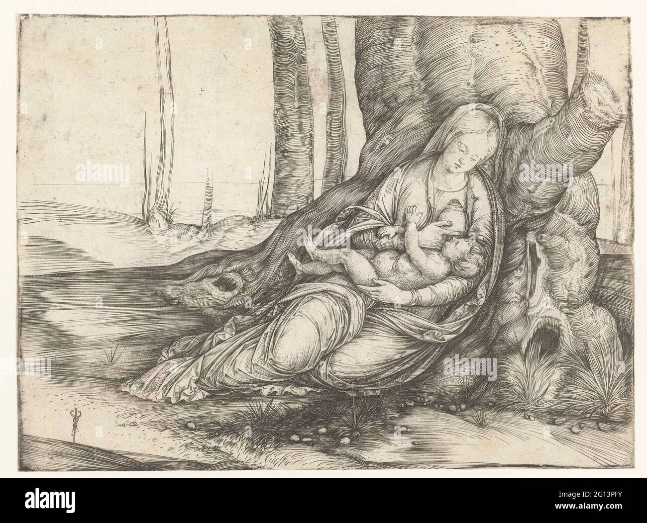 Maria with child to chest is sitting in front of foot of tree Stock ...