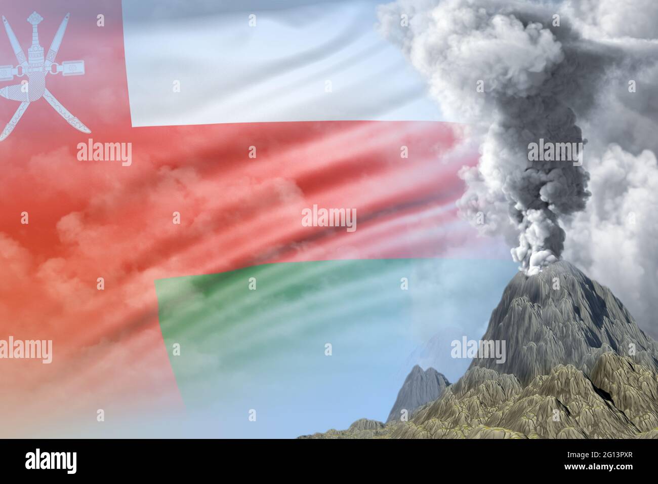 volcano eruption at day time with white smoke on Oman flag background ...