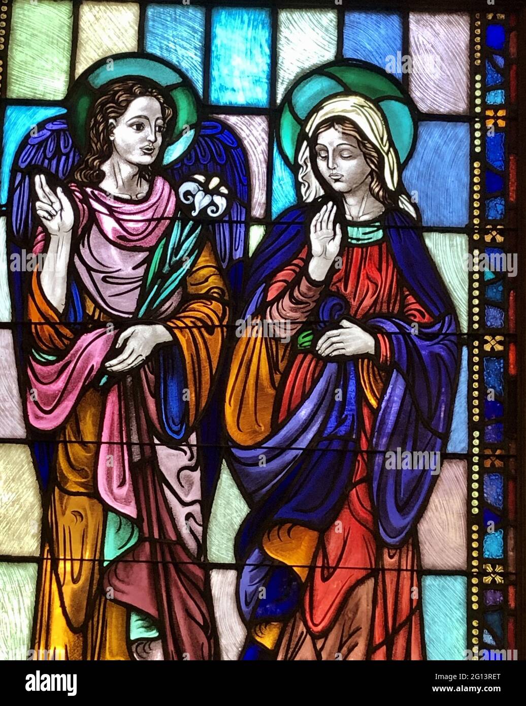 BILOXI, UNITED STATES - Jun 01, 2021: Stained glass window of Mary ... BILOXI, UNITED STATES - Jun 01, 2021: Stained glass window of Mary ...