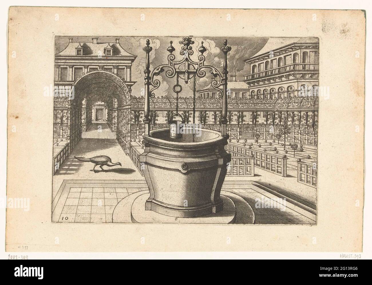 Round well in a garden with Berceaux; Water wells. Garden, lined by ...