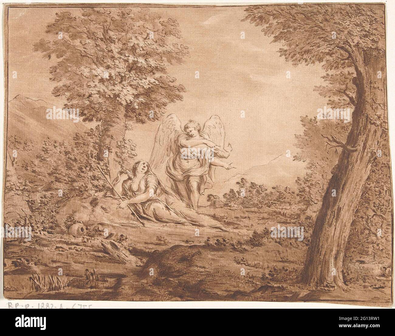 Hagar in the desert. Hagar is on the floor in a mountainous landscape ...