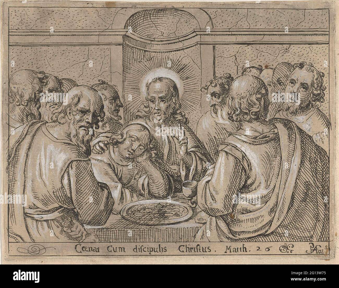 Last Supper. Christ with his disciples around a table. John rests ...