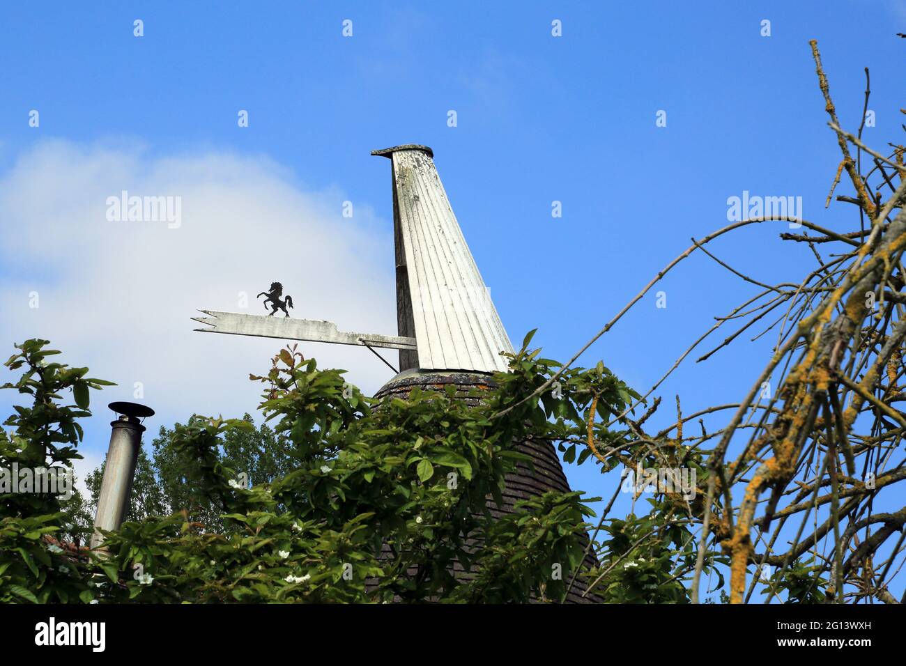 Roof of oast house with cowl and invicta weather vane, Gill Farm ...