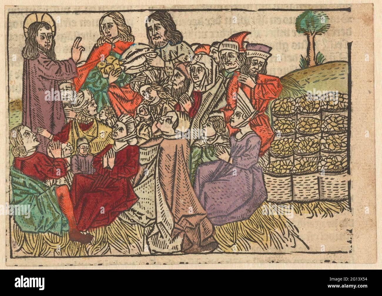 The wonderful food multiplication. Christ and two disciples with bread ...