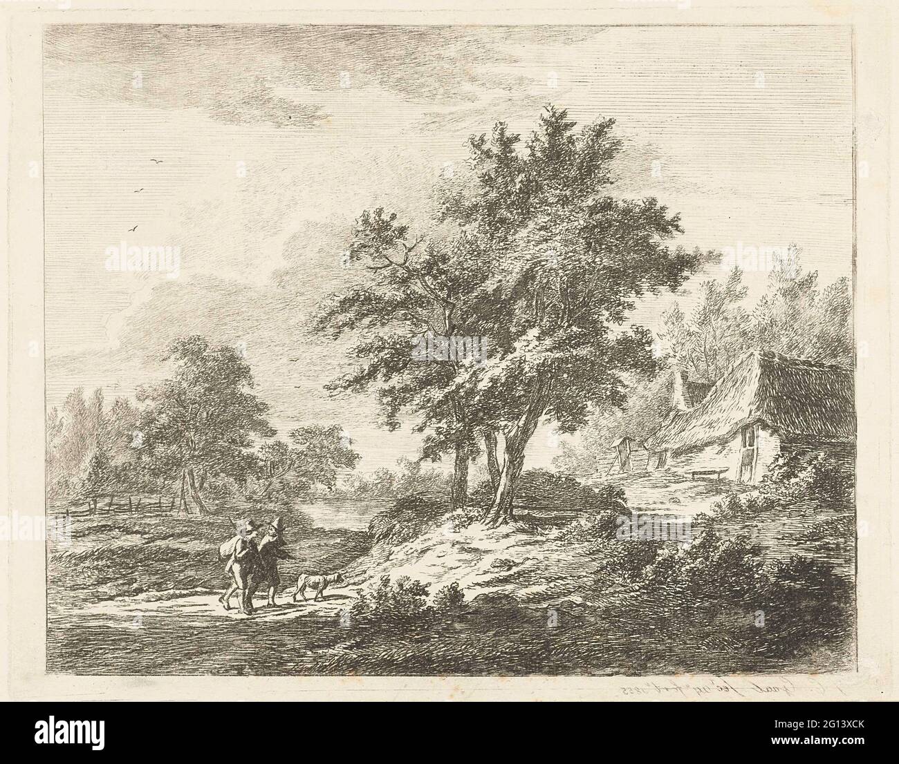 Landscape with walkers at three trees Stock Photo - Alamy