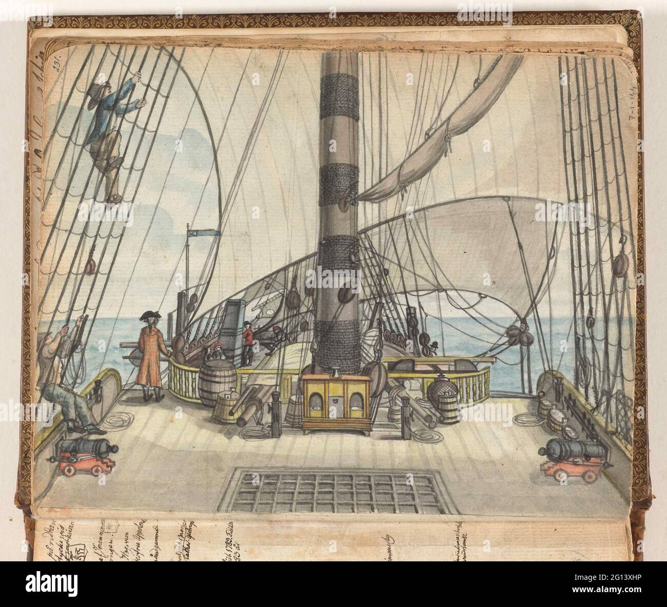 Cover view of a VOC ship to the large mast. Color drawings of the deck ...