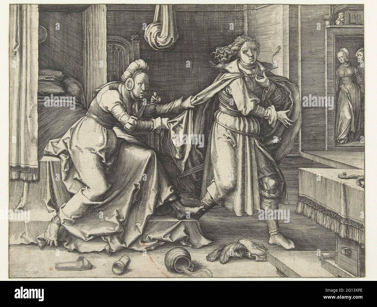 Jozef escaped Potifar's wife; History of Joseph. Bedroom with woman of ...