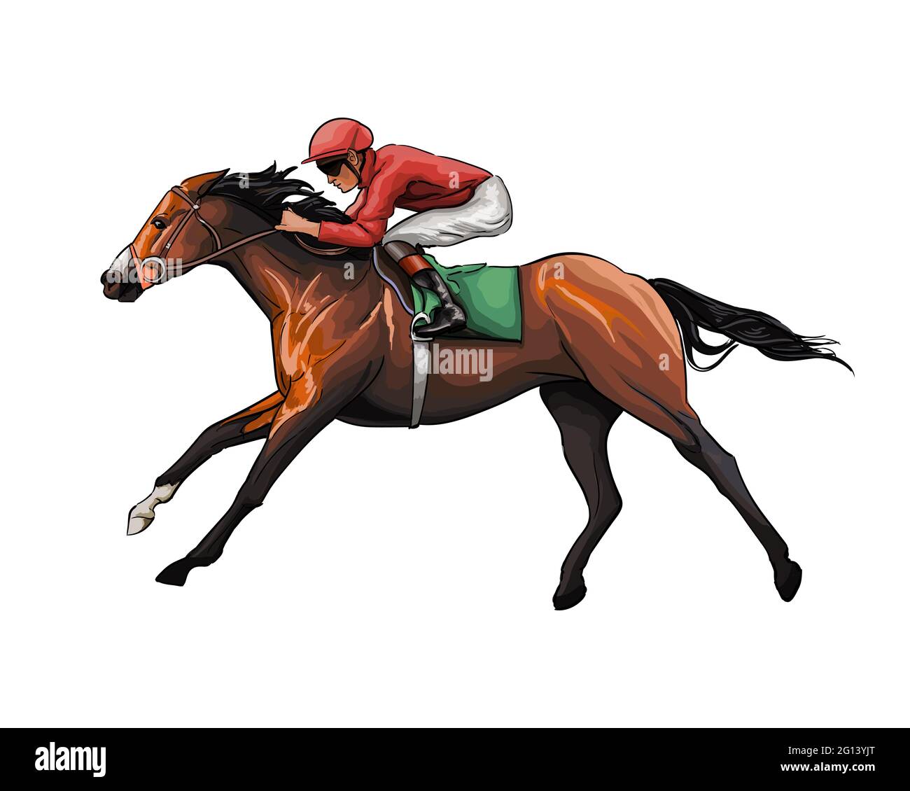 Horse racing with a jockey from splash of watercolors, colored drawing ...