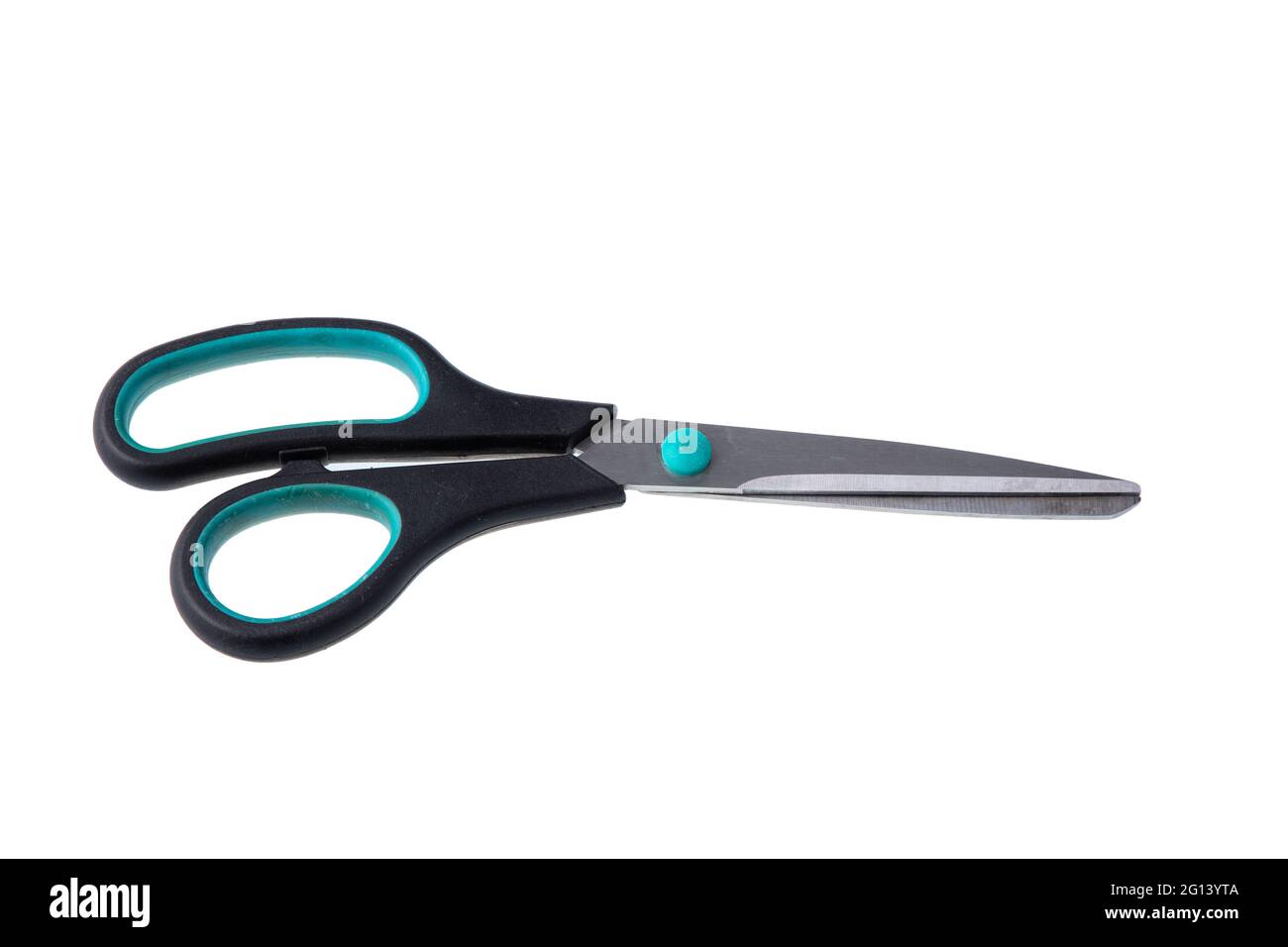 Used scissors in black with blue color on white background Stock Photo ...