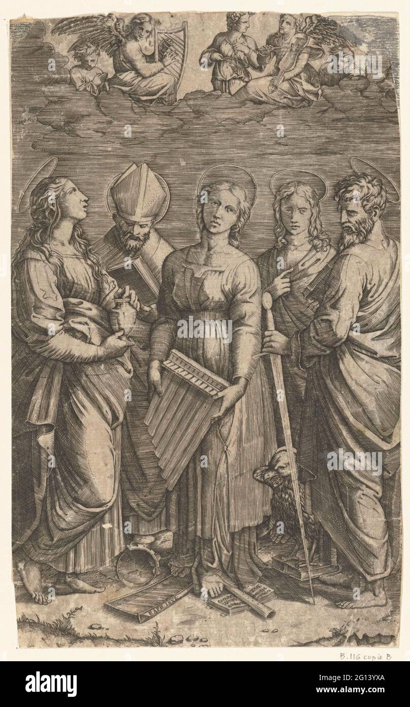 Sacred Cecilia with musical instruments surrounded by four saints ...