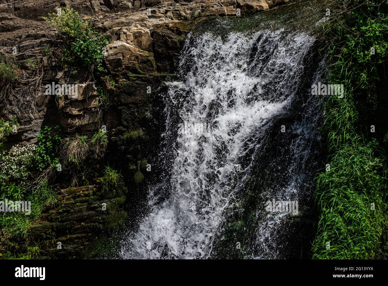 Summer background with waterfall stream among rocks Stock Photo - Alamy