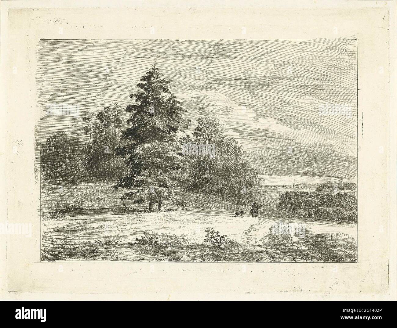 Landscape with a hunter with dog Stock Photo - Alamy