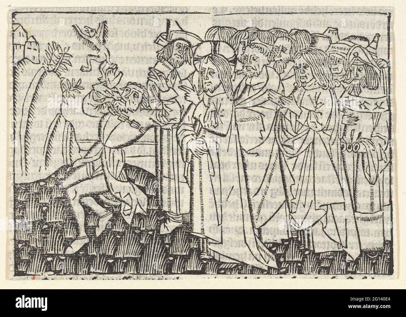 Christ heals a possessed man. Christ with followers and possessed man ...