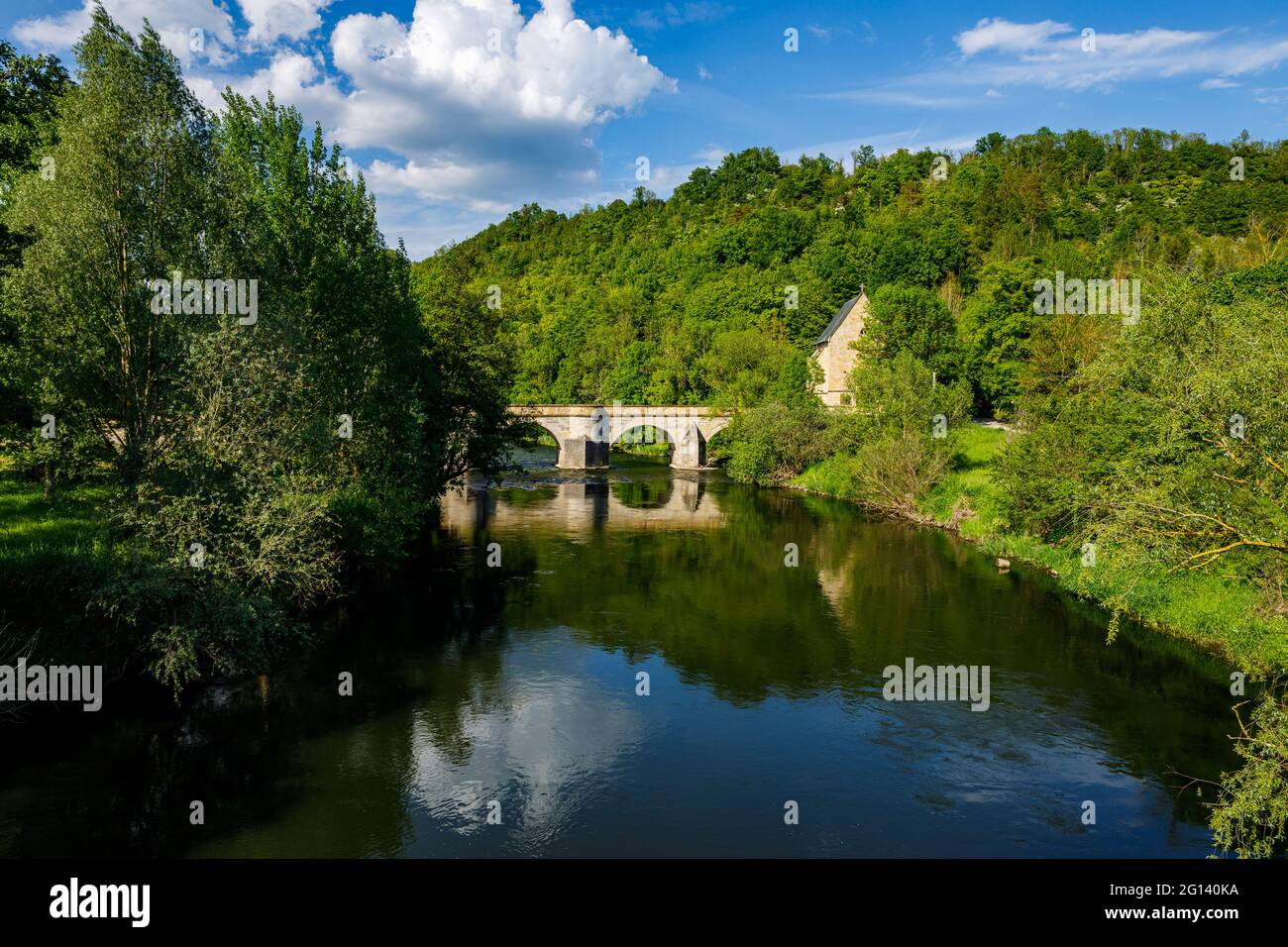 The historic bridge over the Werra River at Creuzburg in the Werra ...