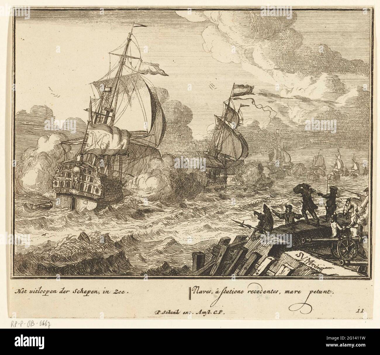 The ship takes part in a battle for the coast, plate no. 11, ca. 1700 ...