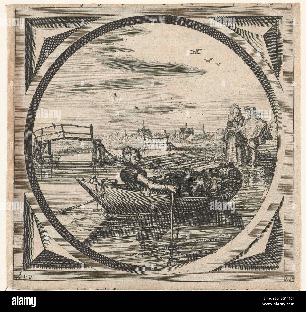 Woman in a rowing boat. Scene with a woman with a cow in a rowing boat ...