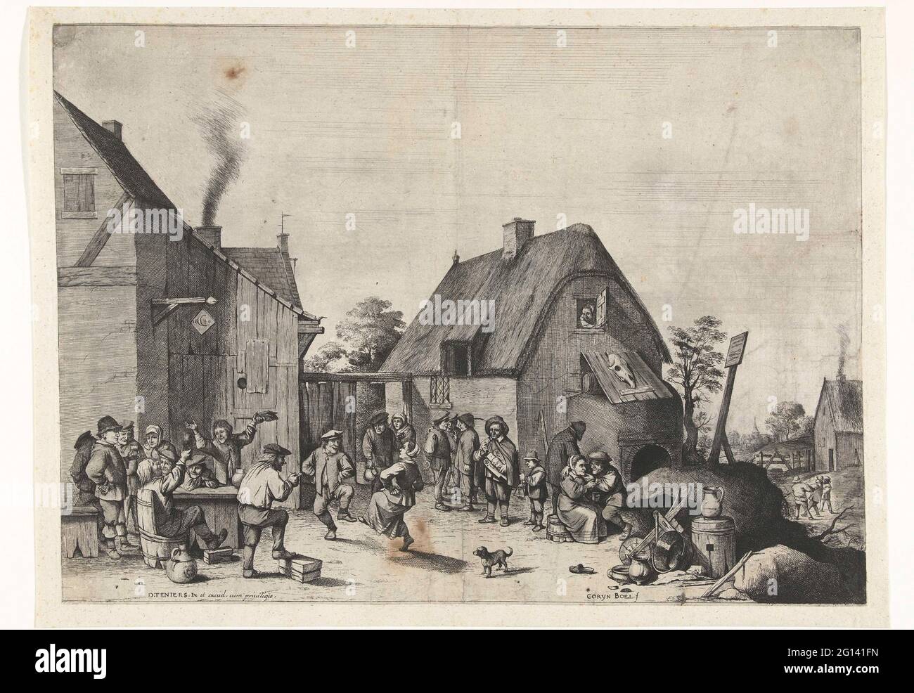 Farmyard with dancing and drinking farmers. A party takes place at a ...