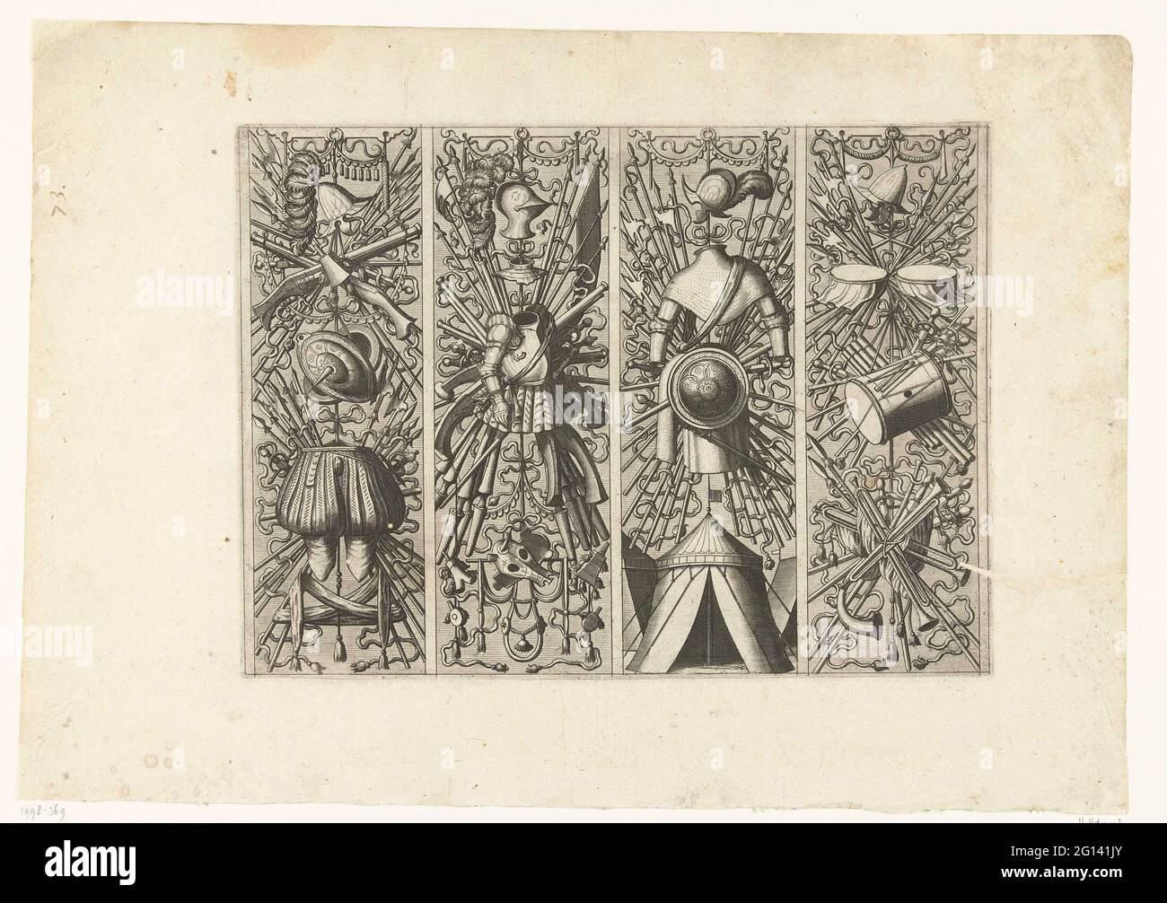 Four vertical trophies with harnesses and weapons; Panoplia SEV ...