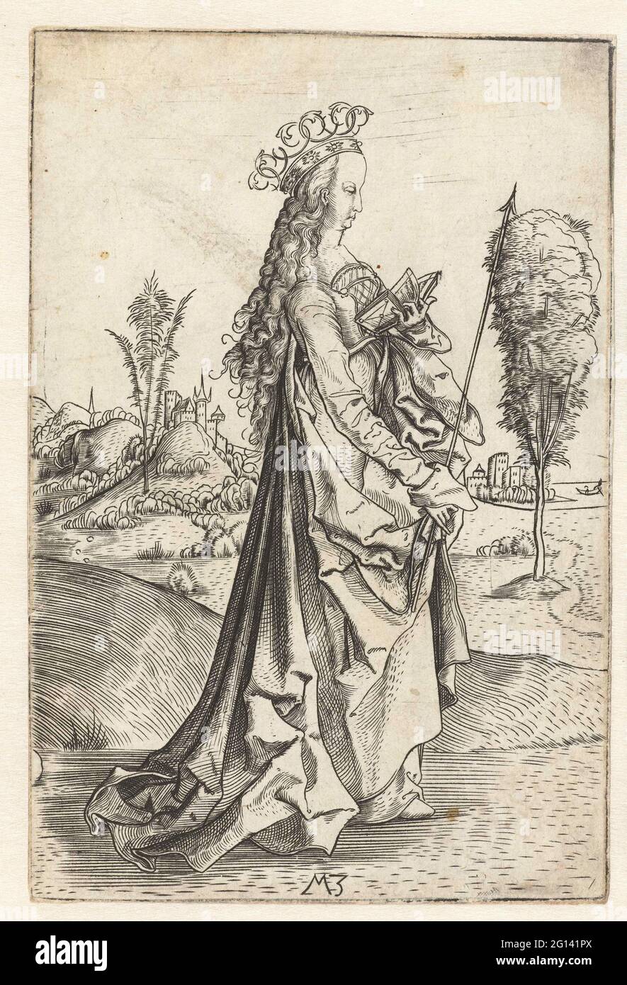 Saint Ursula. Saint Ursula, standing in a landscape, a crown on the ...