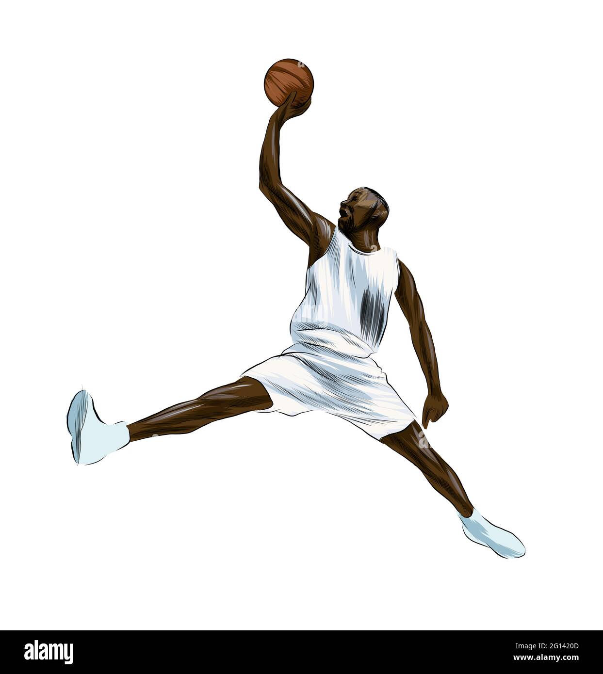 Abstract basketball player with ball from splash of watercolors ...