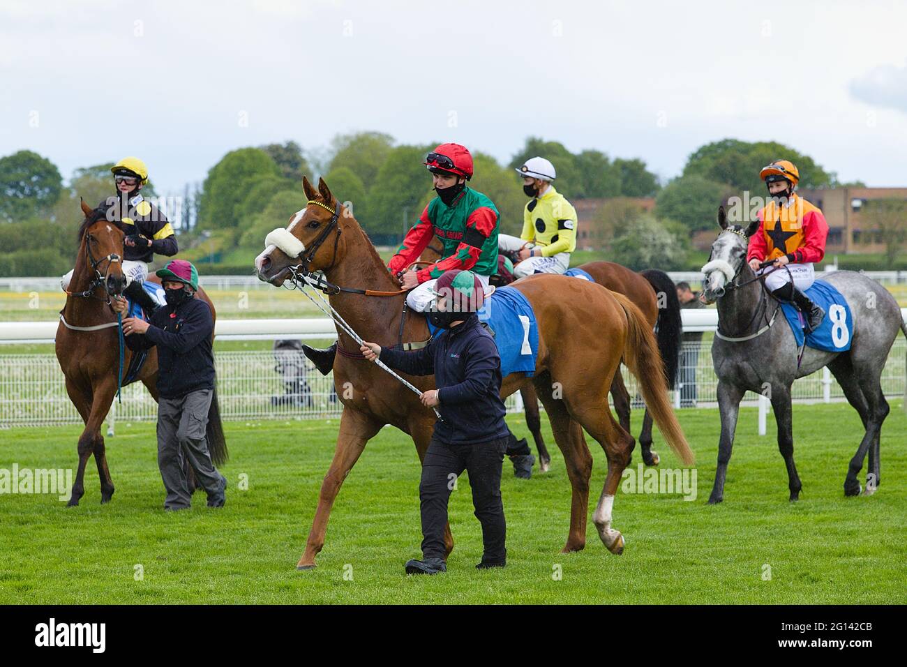 An unknown rider, Connor Beasley, Kevin Stott and Joanna Mason before a ...