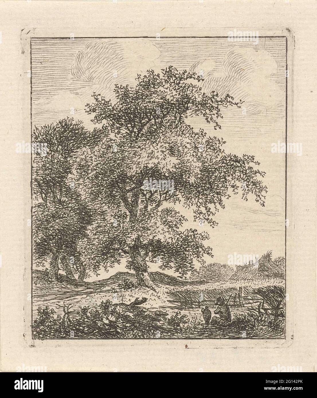 Landscape with man with jug. A face of tall trees and the thatched roof ...