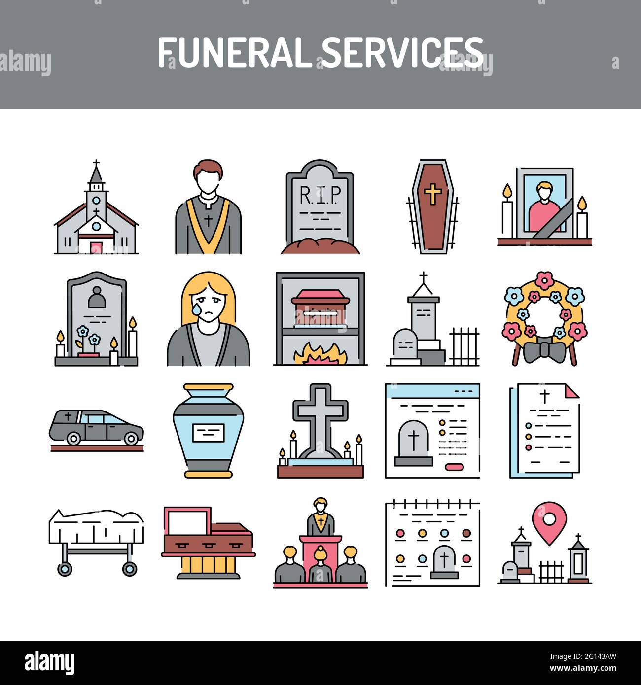 Funeral services line icons set. Isolated vector element. Outline pictograms for web page ...