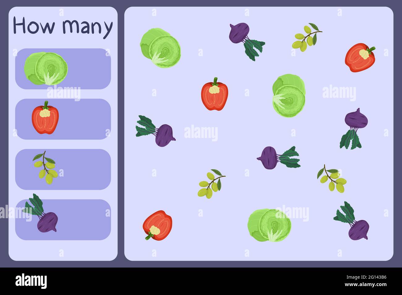 Kids mathematical mini game - count how many vegetables - cabbage ...