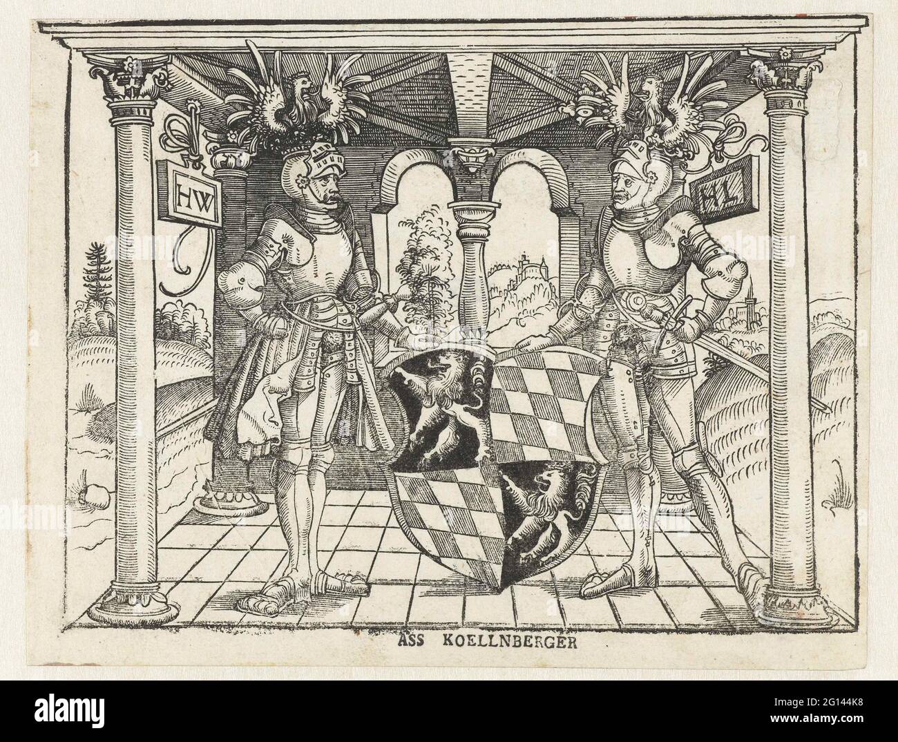 The dukes Willem and Louis of Bavaria. Two men in armor with the arm of ...