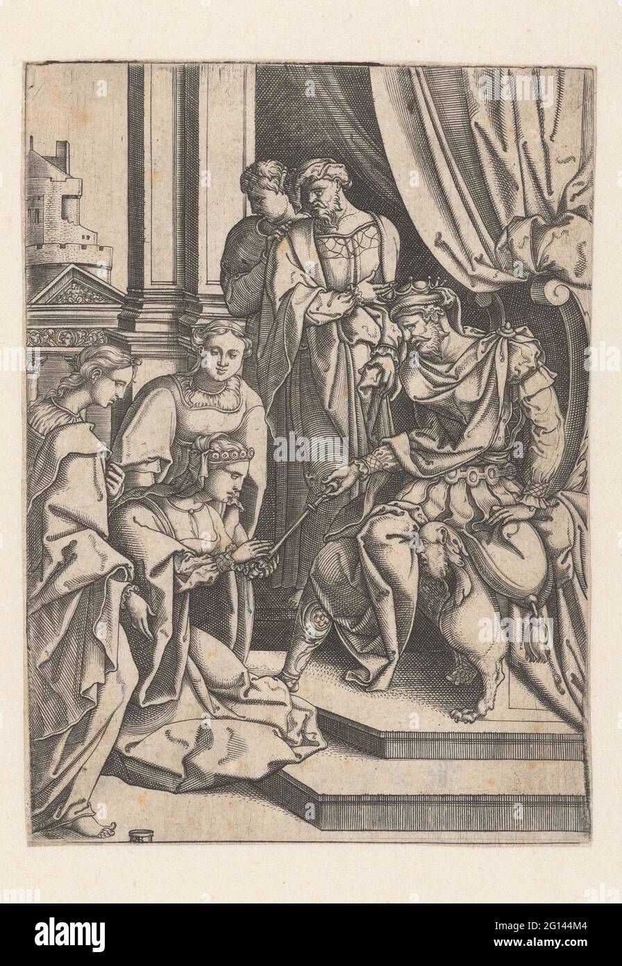 Esther for Ahasverus. Ahasverus on throne handed staff to kneeled ...