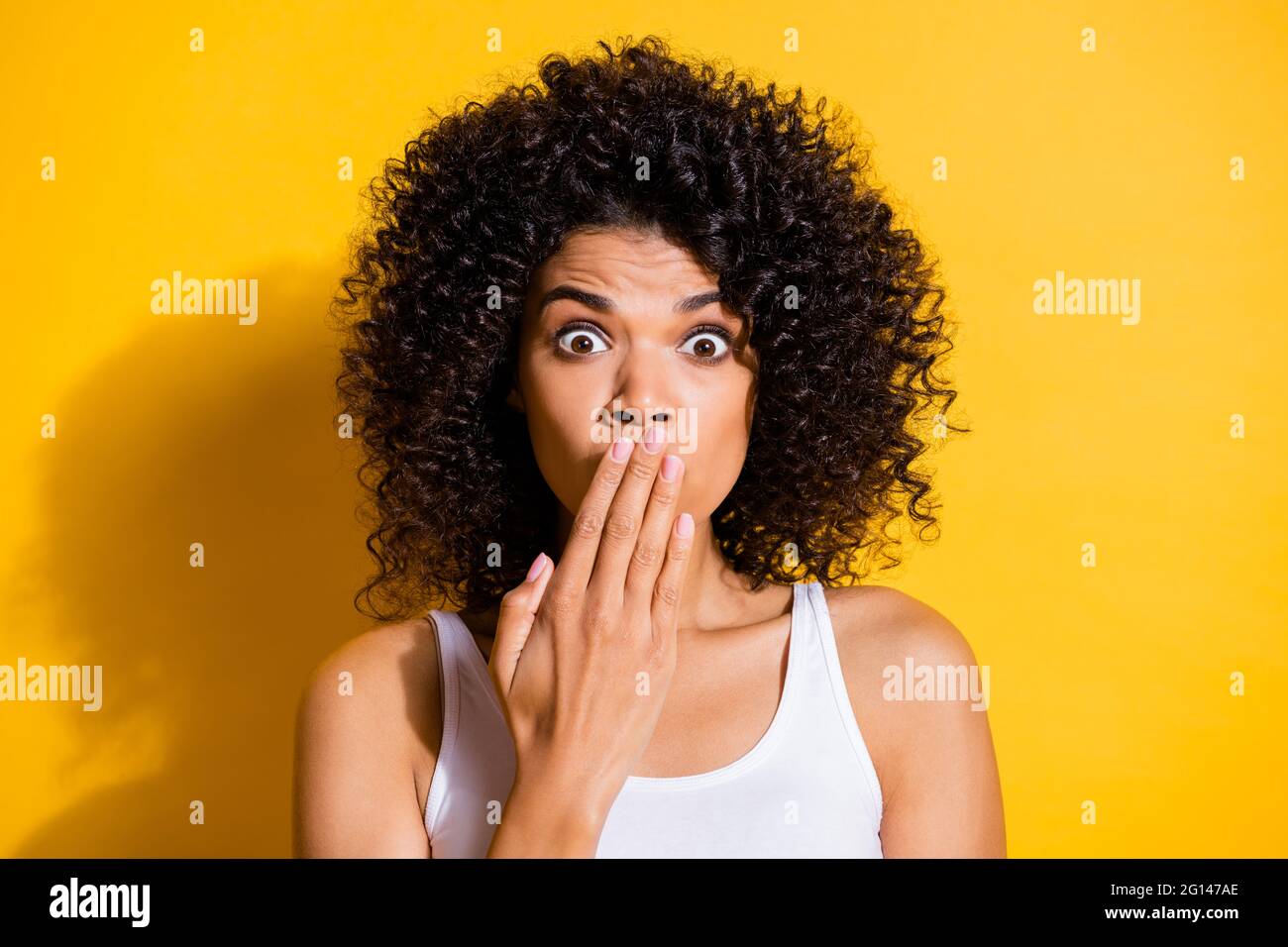 Portrait of terrified dark skin person hand palms covering mouth ...