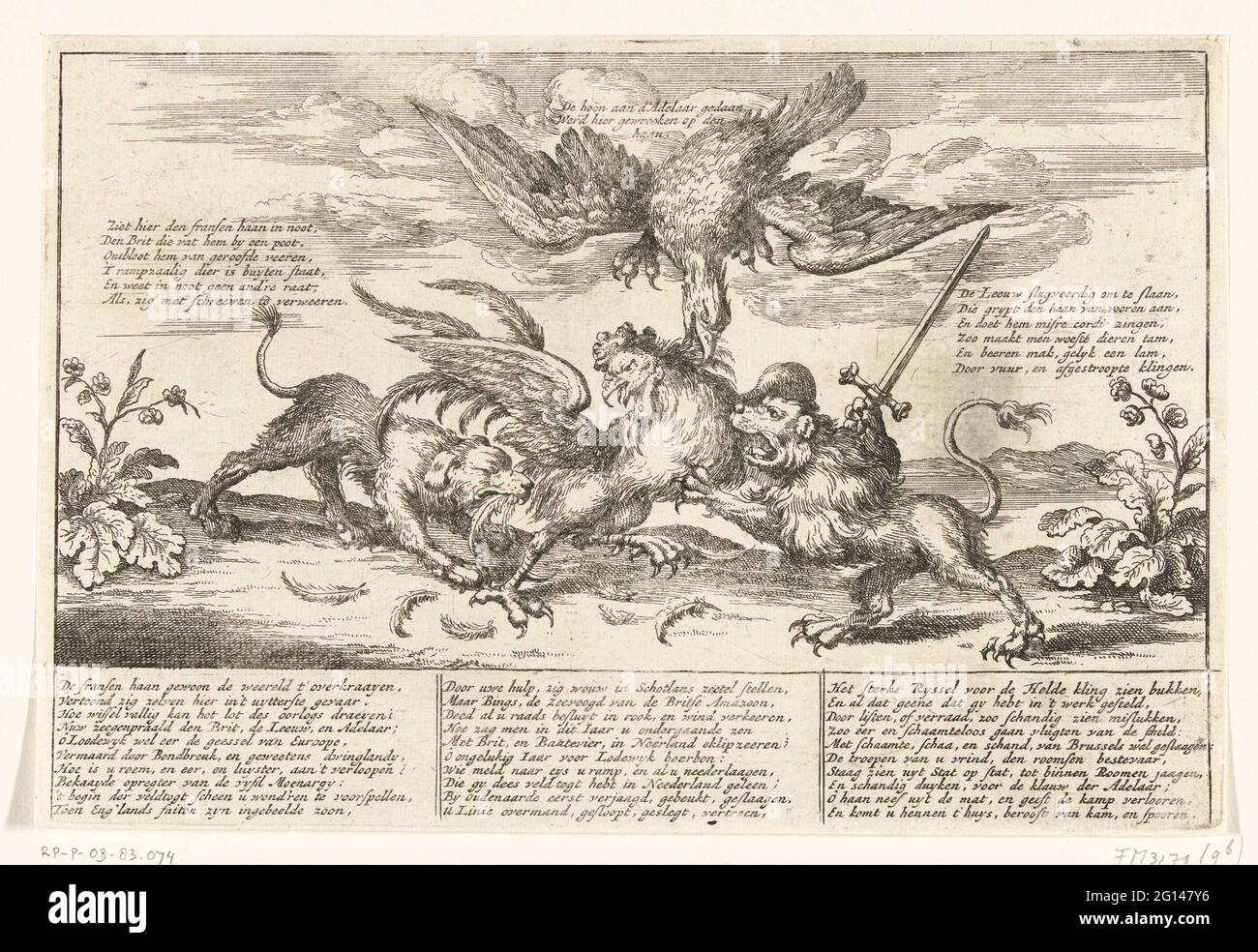 French rooster attacked by the Allies, 1708; Palmhof of Allies / 't ...