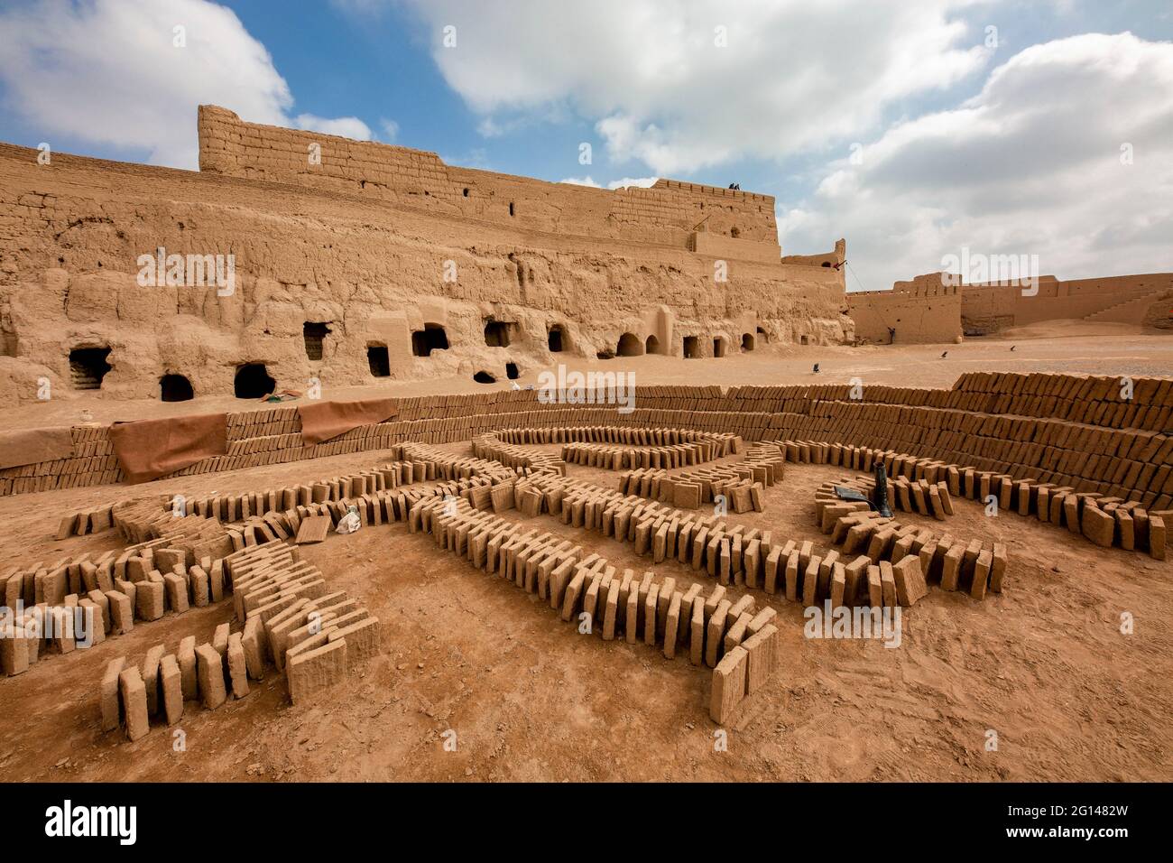 Brickyard with the historical Naryn Castle in the background in the old ...