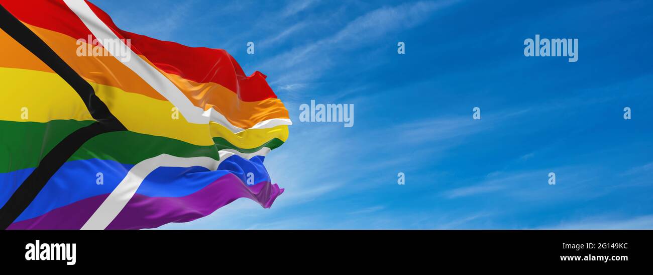 Gay of South Africa flag waving in the wind at cloudy sky. Freedom and ...
