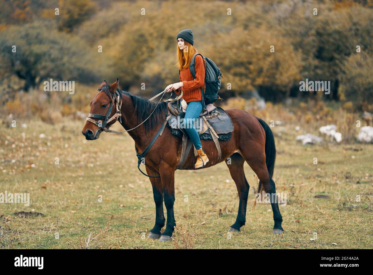 woman hiker rides a horse in a field mountains nature landscape Stock ...