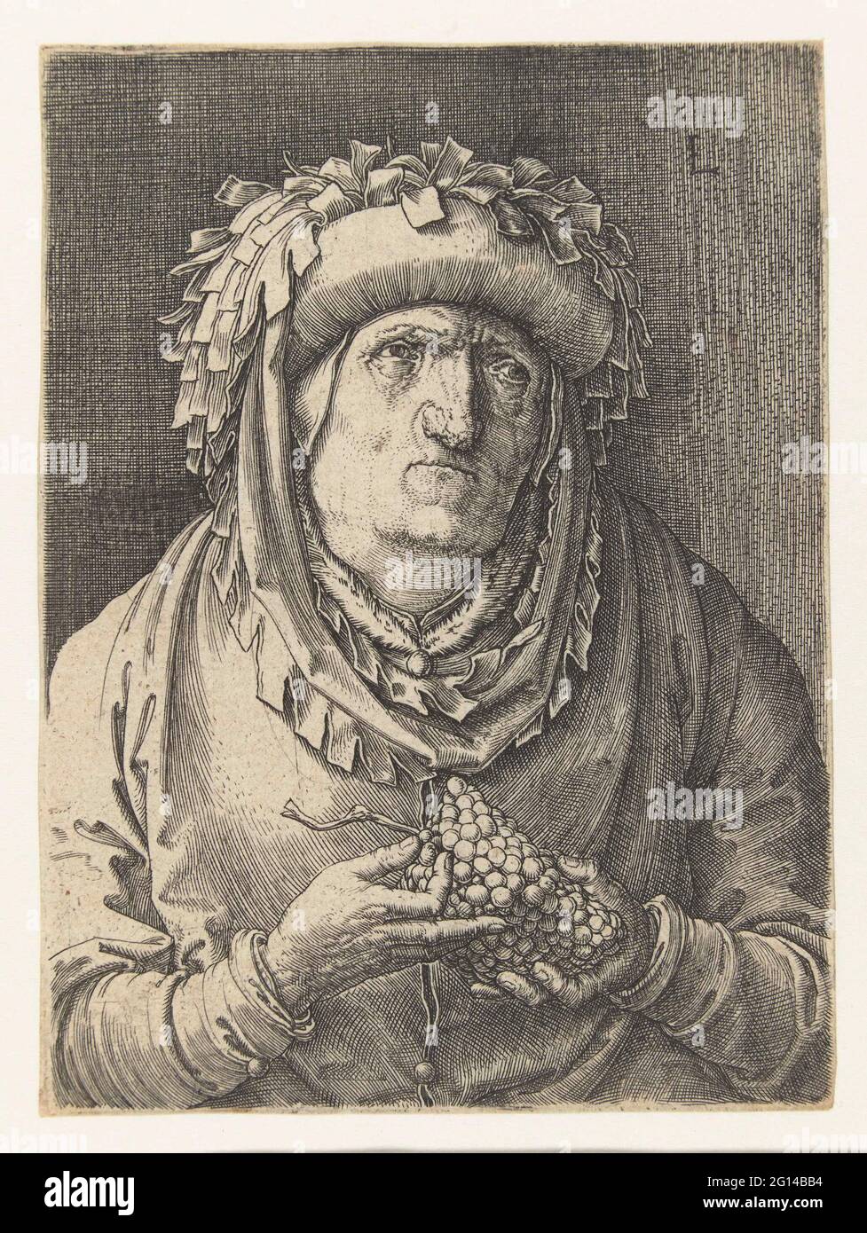 Old man with grape food. Old man with deformed nose, bunch with grapes ...