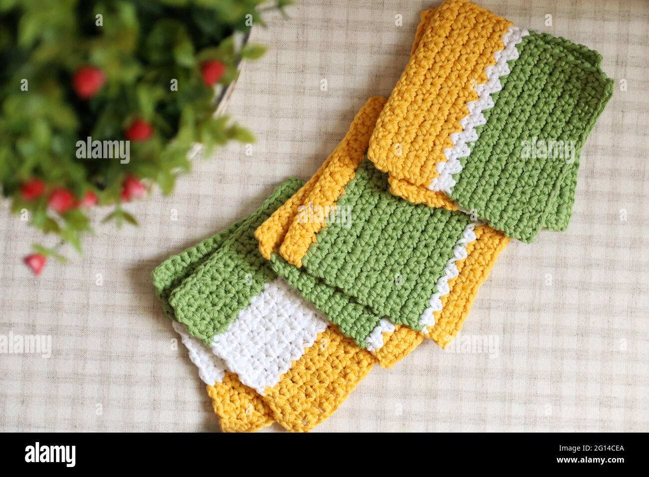 Crochet coasters. Farmhouse coaster. Home decor Stock Photo - Alamy